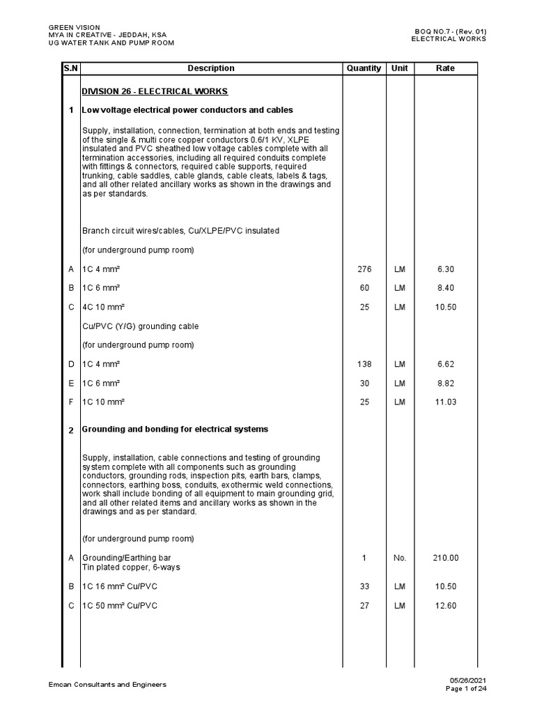 BOQ No. 7-UG Water Tank and Pump Room | PDF | Electrical Wiring ...