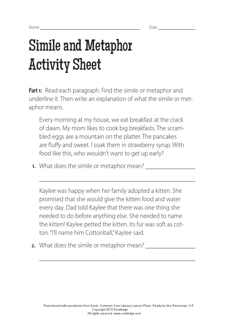 Simile and Metaphor Activity Sheet | PDF | Foods