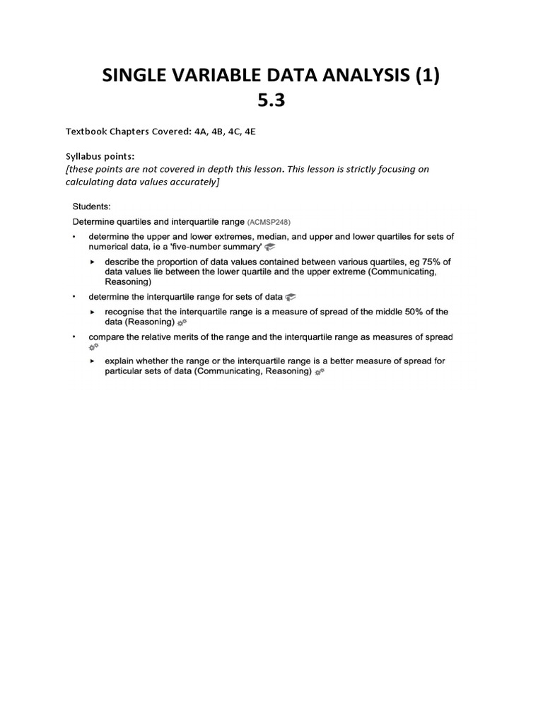 SINGLE VARIABLE Notes 5.3 Year 10 | PDF | Quartile | Mode (Statistics)