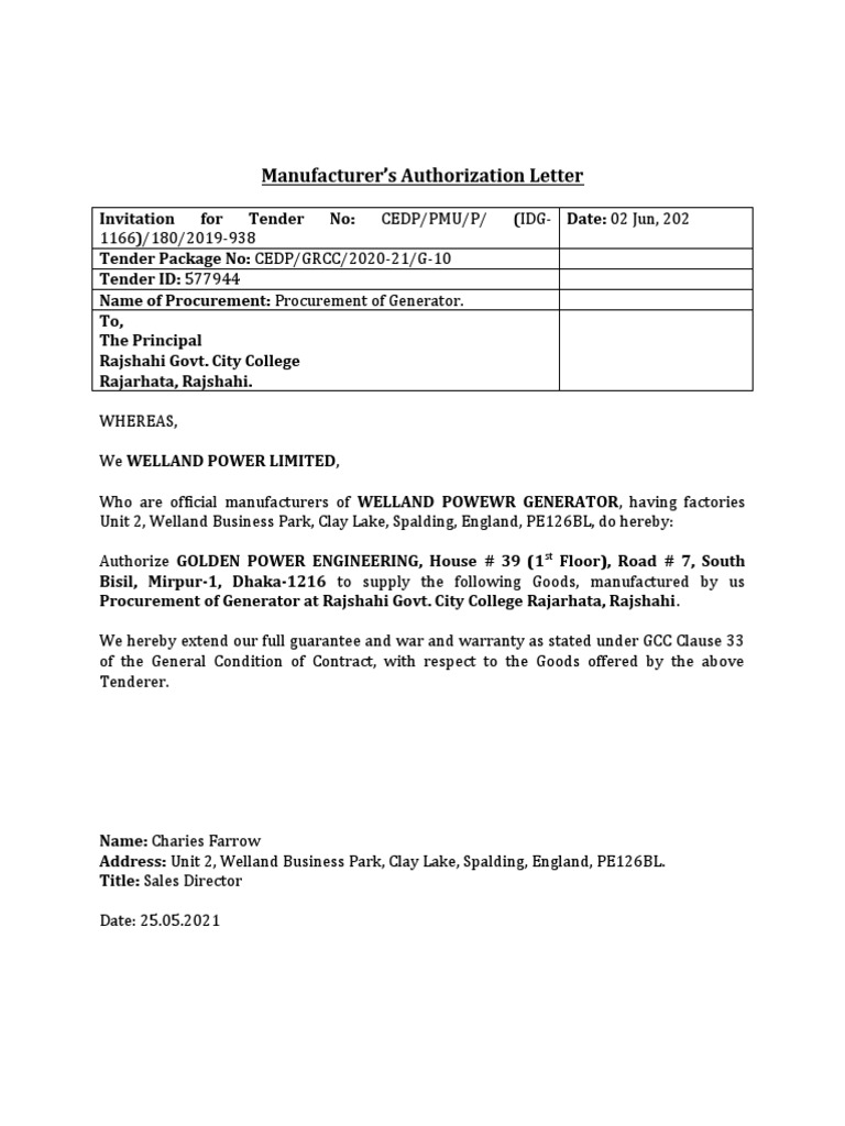 Manufacturer Authorization Letter (Form E-PG3-4) | PDF