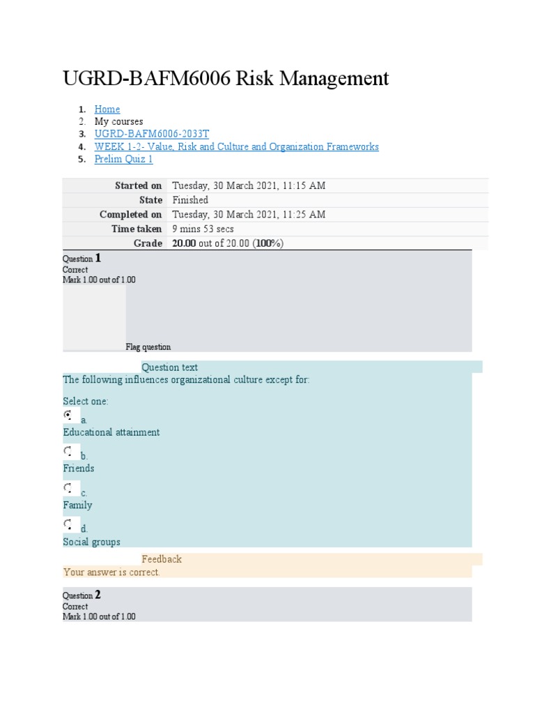Risk Management Prelim Quiz 1 | PDF | Risk | Risk Management