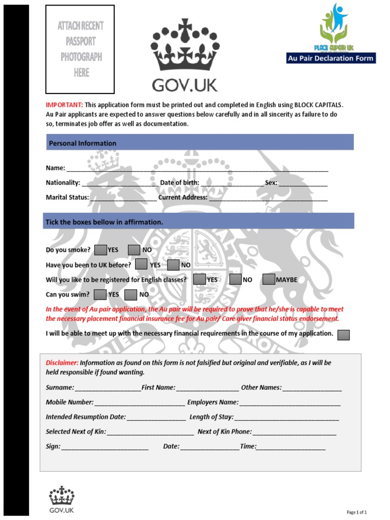 Au Pair Application Form Guidelines | PDF | Career & Growth | Finance ...