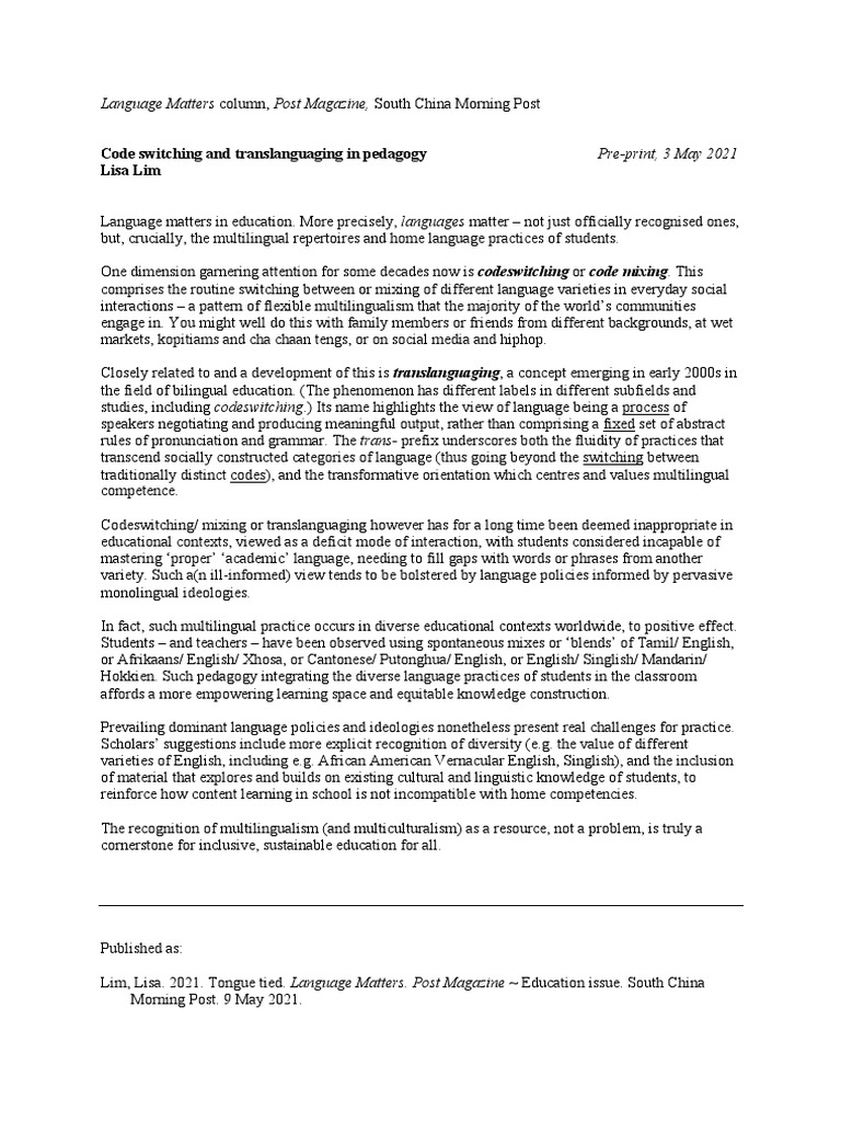 Language Matters Code Switching and Tran | PDF | Multilingualism ...
