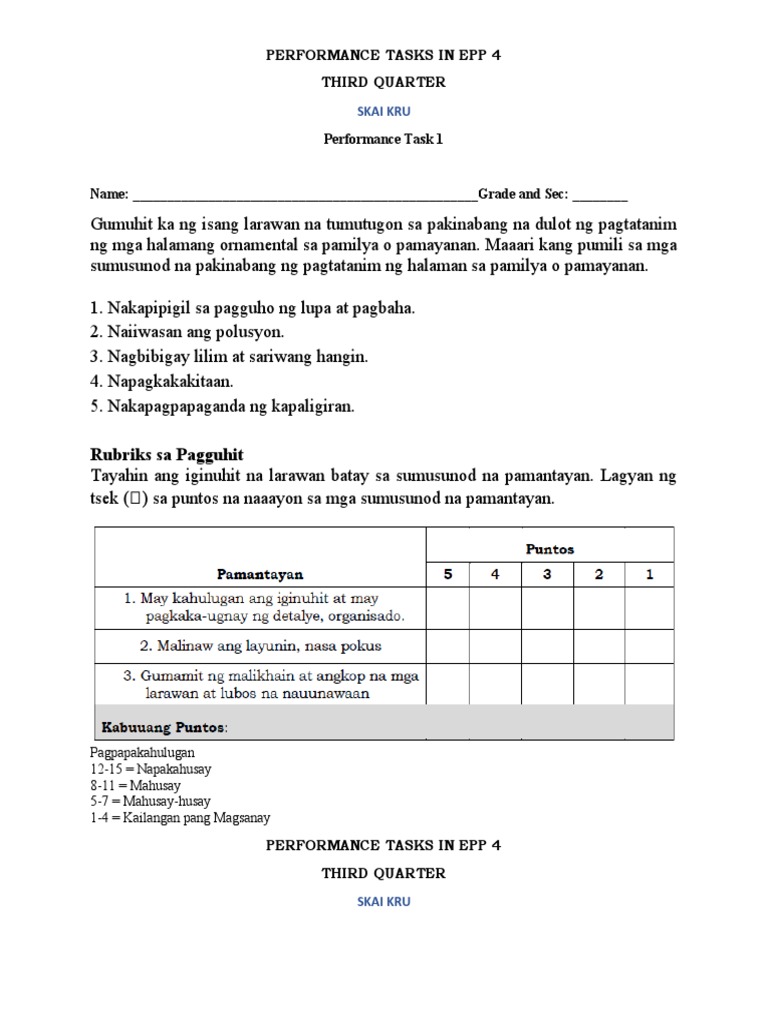 Rubriks Sa Pagguhit: Performance Tasks in Epp 4 Third Quarter | PDF