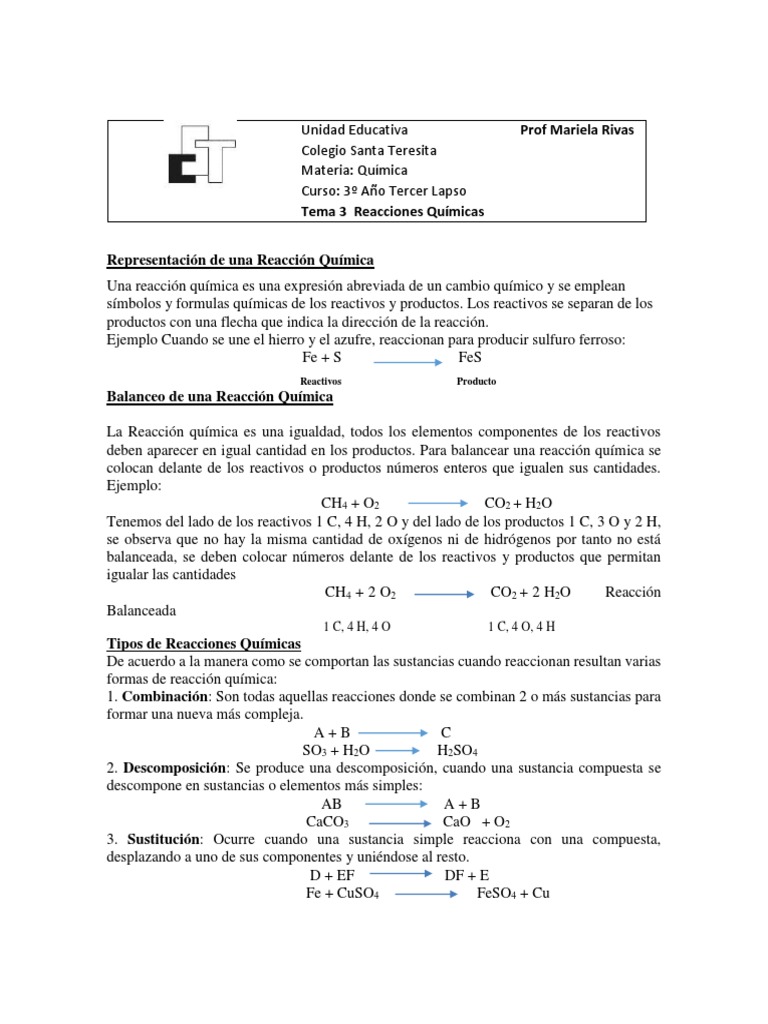 Quimica 3er año, tema 3, tercer lapso | PDF | Reacciones químicas | Química