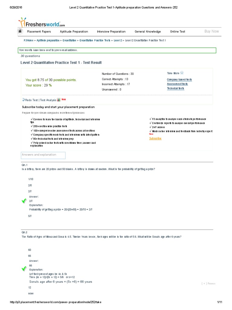 Level 2 Quantitative Practice Test 1-Aptitude Preparation Questions and ...