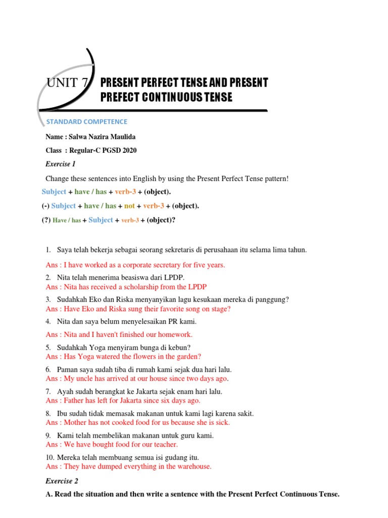 Unit 7: Present Perfect Tense and Present Prefect Continuous Tense | PDF