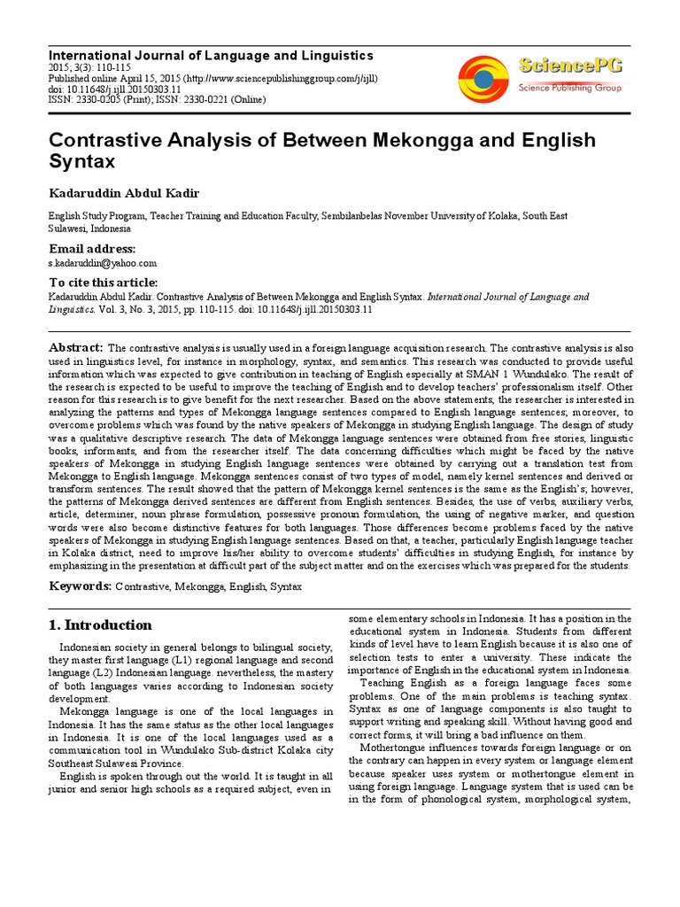 Contrastive Analysis of Between Mekongga and English Syntax | PDF | Phrase | Verb