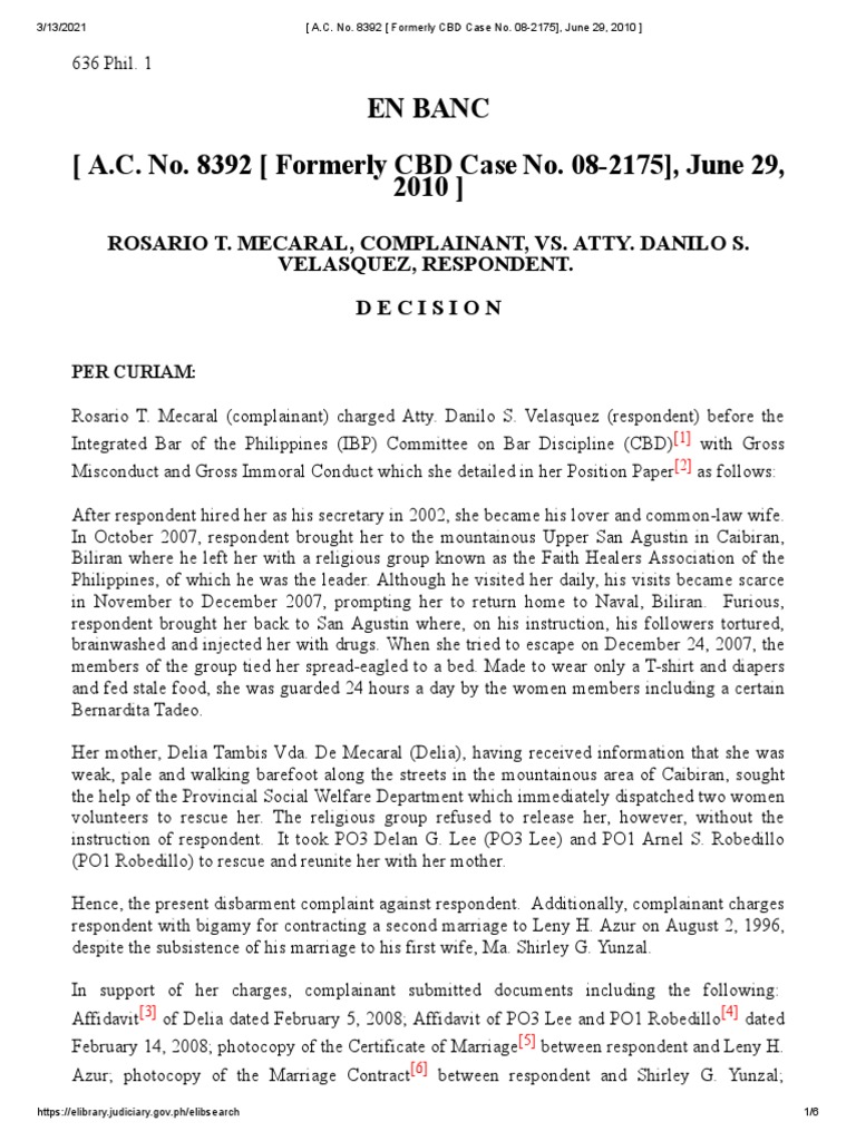 Mecaral v. Atty. Velasquez, A.C. No. 8392, 29 June 2010 | PDF | Lawyer ...