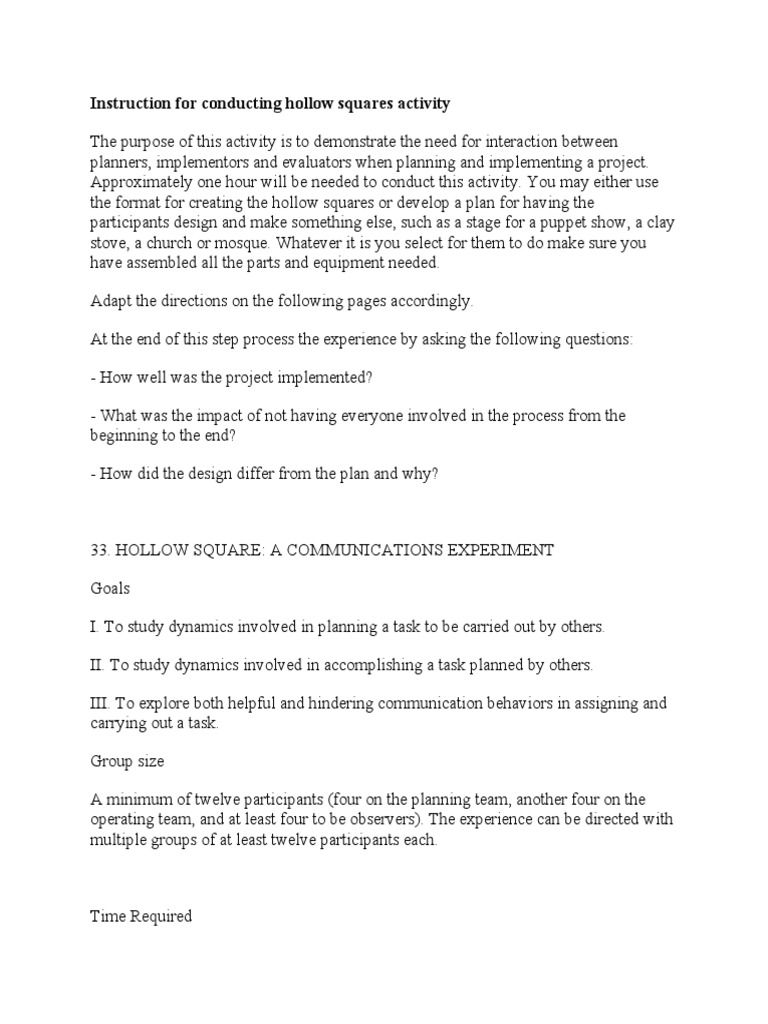 Instruction For Conducting Hollow Squares Activity | PDF | Experiment ...