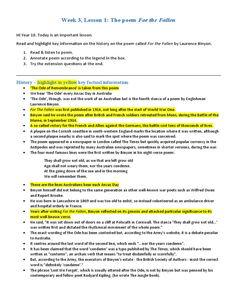 Week 3, Lesson 1: The Poem For The Fallen: History - Highlight in ...