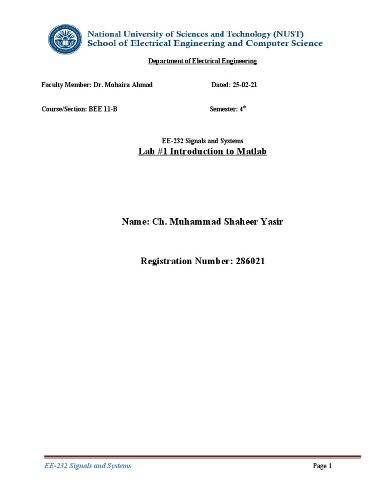 Lab #1 Introduction To Matlab: Department of Electrical Engineering ...