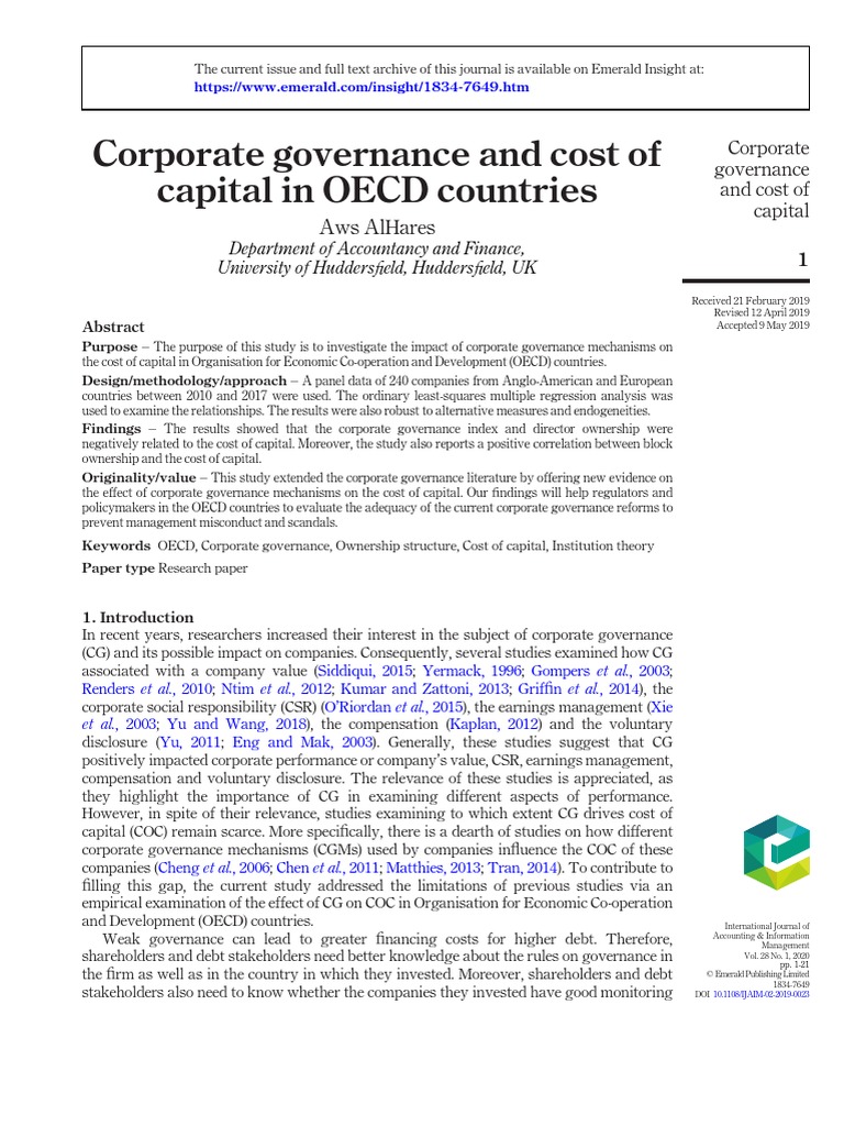 Corporate Governance and Cost of Capital in Oecd Countries: Aws Alhares | Download Free PDF ...
