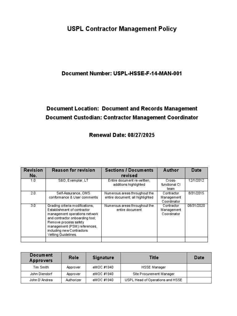 USPL Contractor Management Policy Overview | PDF | General Contractor ...