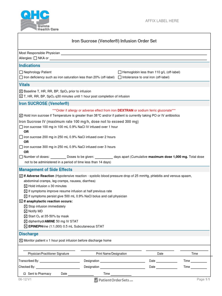 Iron - Sucrose Order Set | PDF | Intravenous Therapy | Medical Specialties
