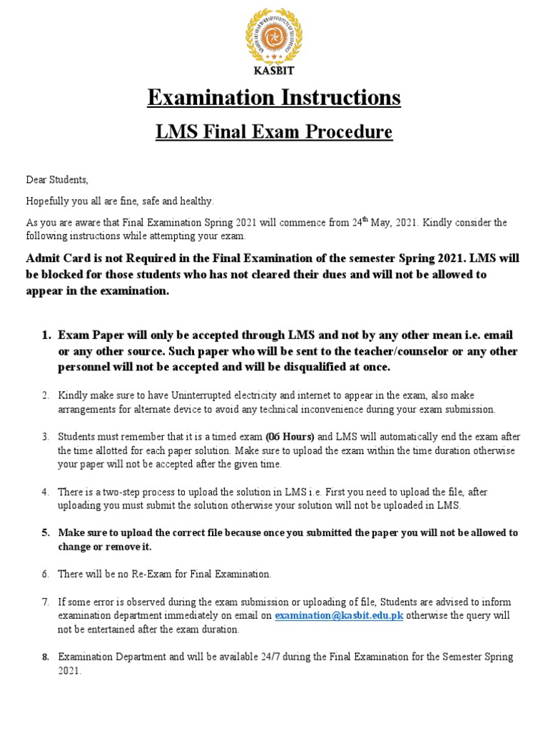 Examination Instructions: LMS Final Exam Procedure | PDF
