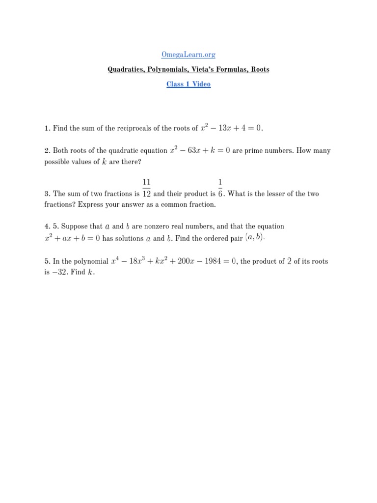AMC 10 - 12 Class 1 Homework - Quadratics, Polynomials, Vieta's ...