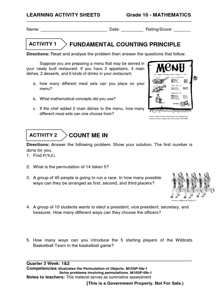 Counting Principle Worksheet Fundamental Counting Principle: