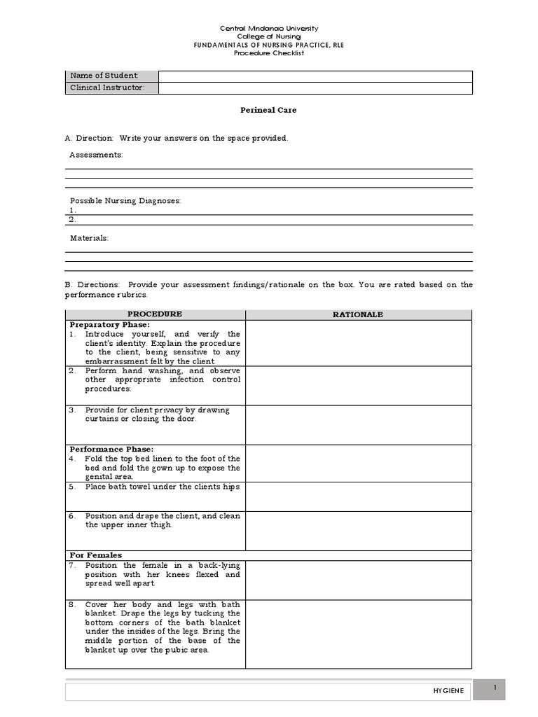 Perineal Care Procedure Checklist | PDF | Labia | Sexual Anatomy