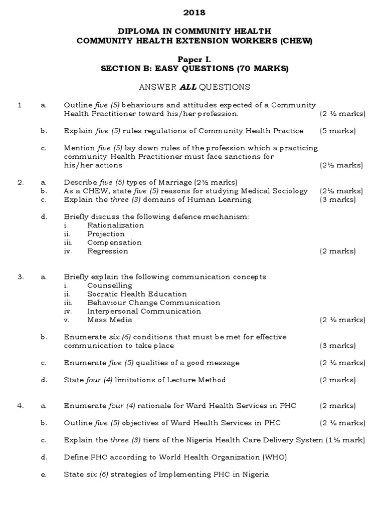 Community Health Extension Work CHEW National Exam Past Questions | PDF ...