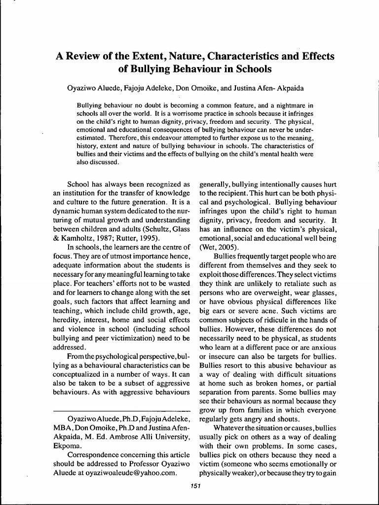 A Review of The Extent, Nature, Characteristics and Effects of Bullying ...
