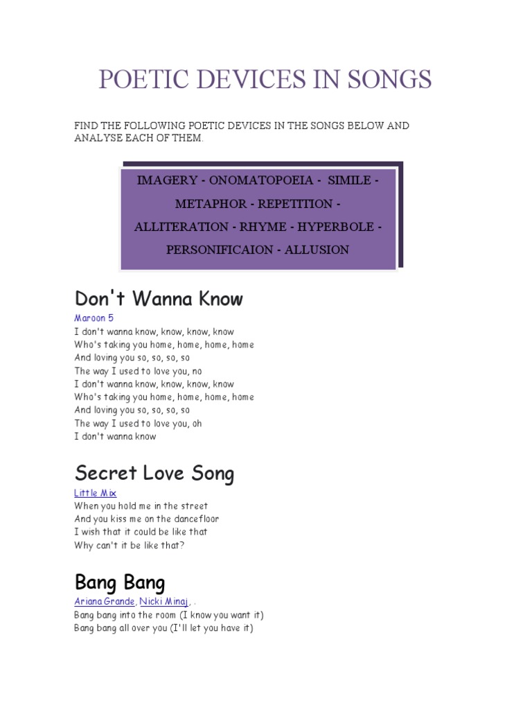 Poetic Devices in Songs: Don't Wanna Know | PDF