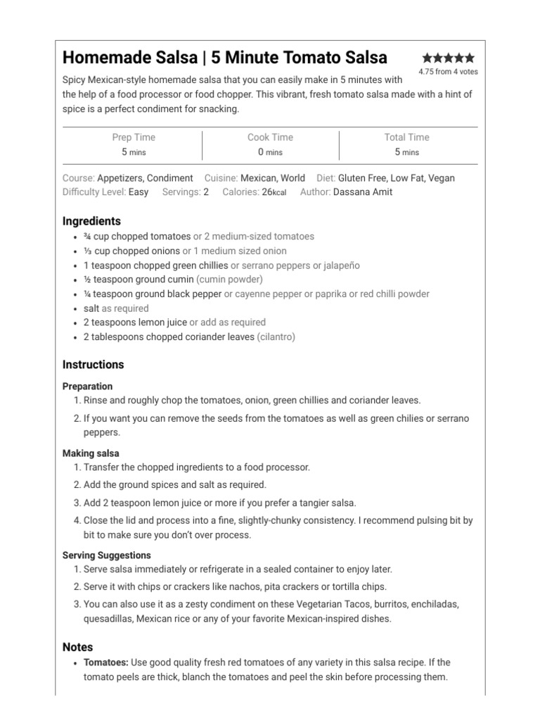Homemade Salsa - 5 Minute Tomato Salsa: Ingredients | PDF | Chili ...