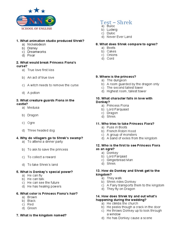 Test - Shrek: A) Nickelodeon B) Disney C) Dreamworks D) Pixar | PDF ...