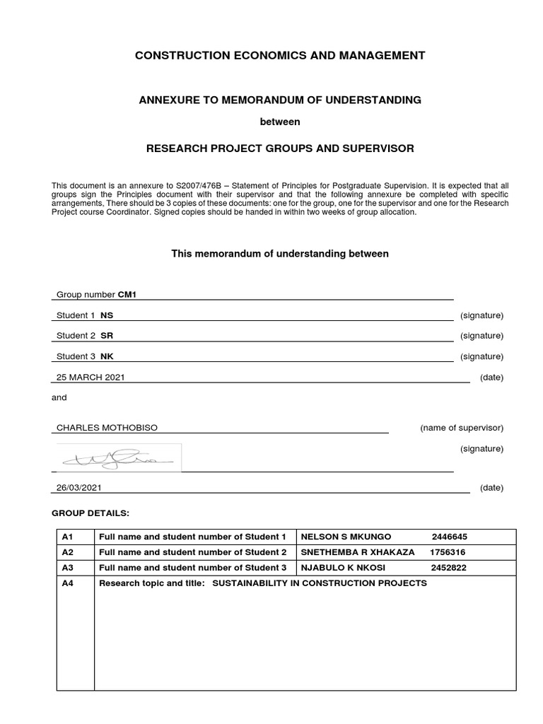 Construction Economics and Management: Annexure To Memorandum of ...
