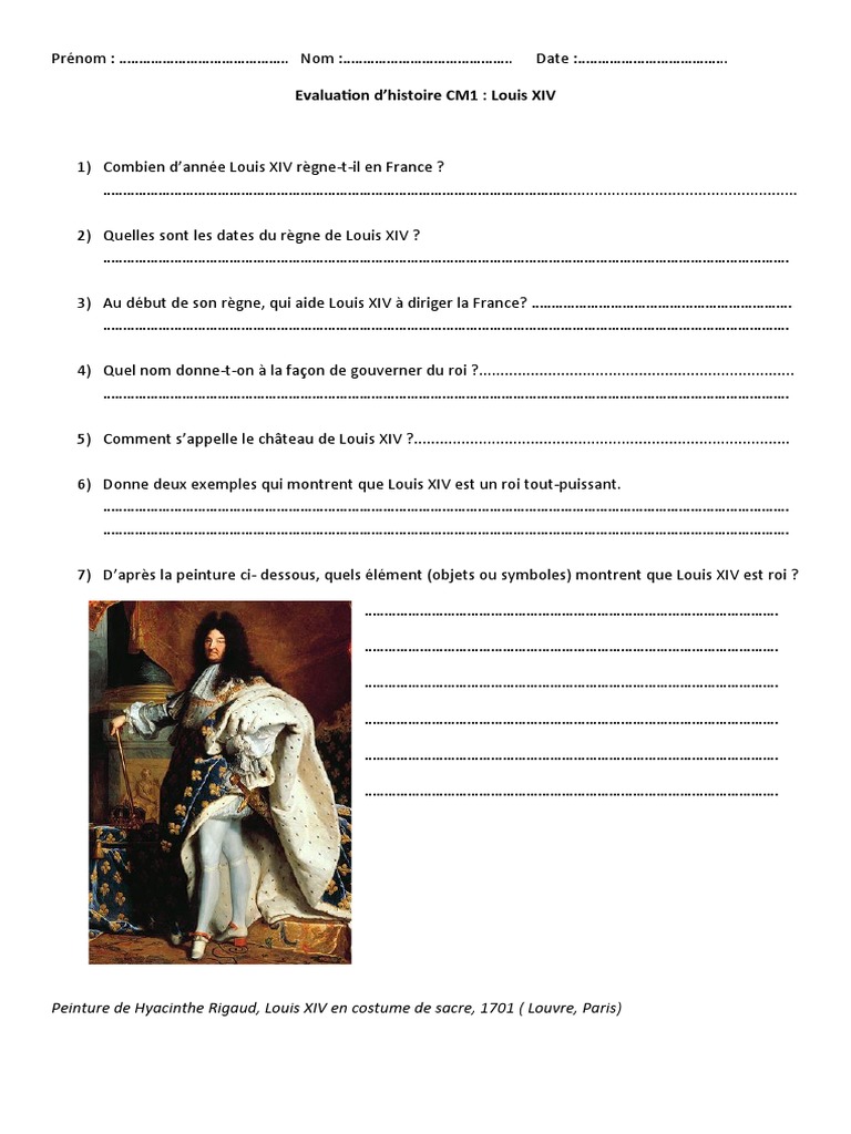 Evaluation Histoire cm1 Louis XIV | PDF