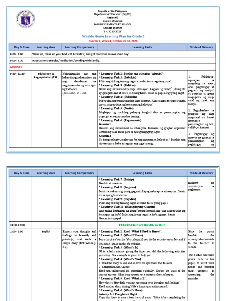 Grade 3 - All Subjects - WHLP - Q1 - W4 | PDF