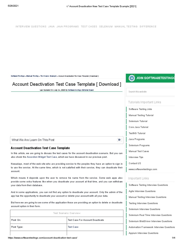 Account Deactivation New Test Case Template Example (2021) | PDF ...