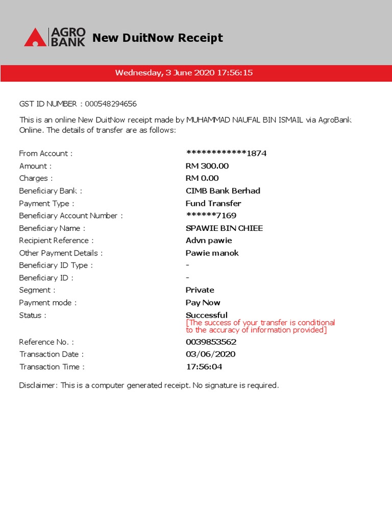 New DuitNow receipt for RM300 transfer to CIMB account | PDF