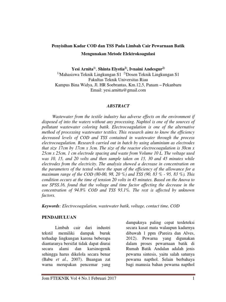 Analysis of COD and TSS Reduction in Wastewater from Batik Dyeing Using ...