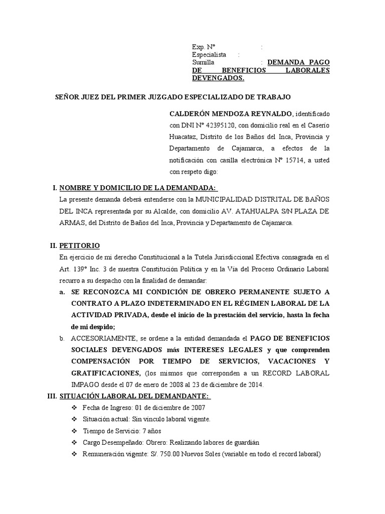 Demanda de Pago de Beneficios Sociales - Bi | PDF | Derecho laboral | Salario