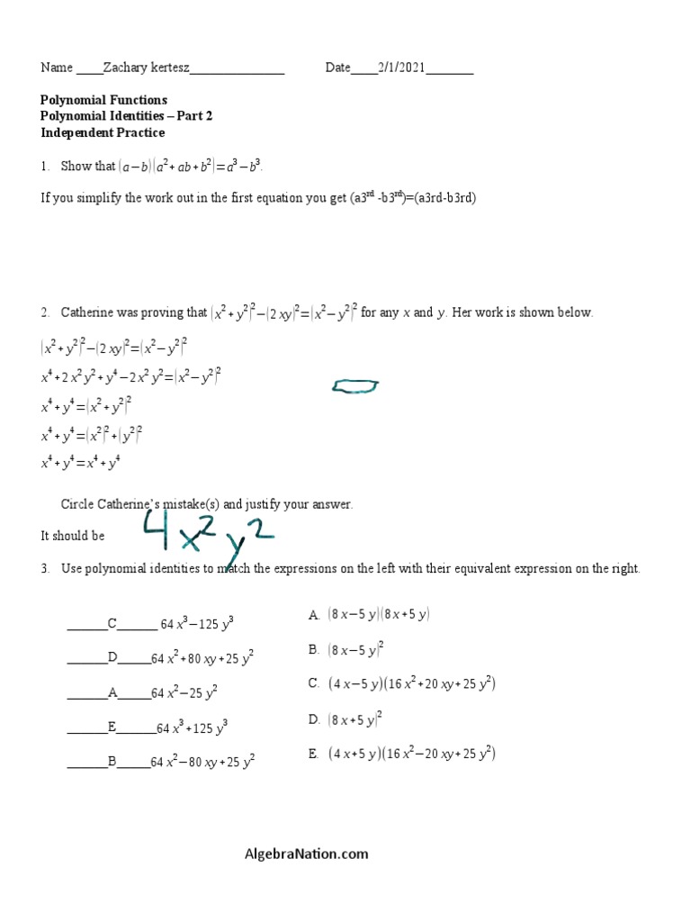 Polynomial Identities Practice Worksheet | PDF