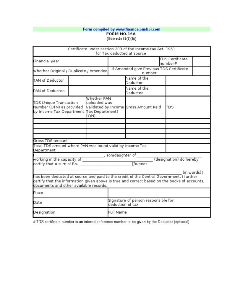 Form 16A TDS Certificate Template | PDF
