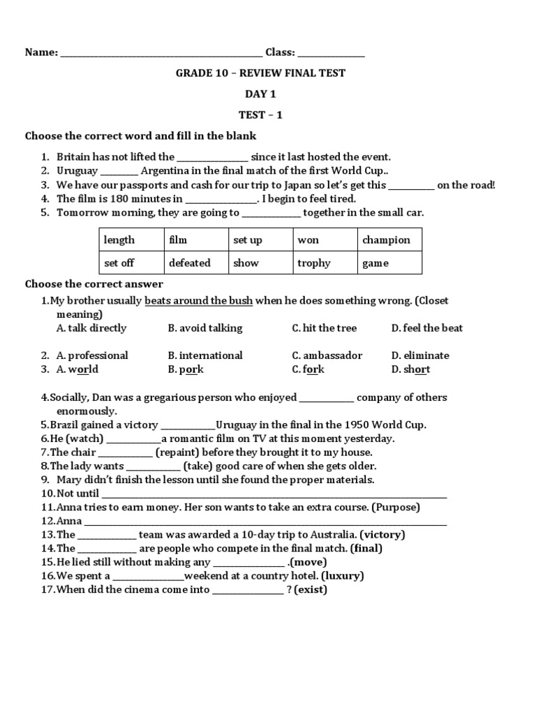 Name: - Class: - Grade 10 - Review Final Test Day 1 Test - 1 Choose The ...