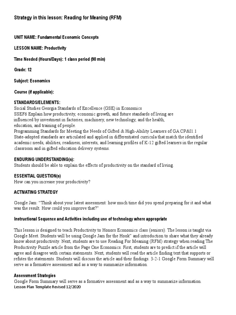 Productivity Lesson Plan | PDF | Lesson Plan | Economics