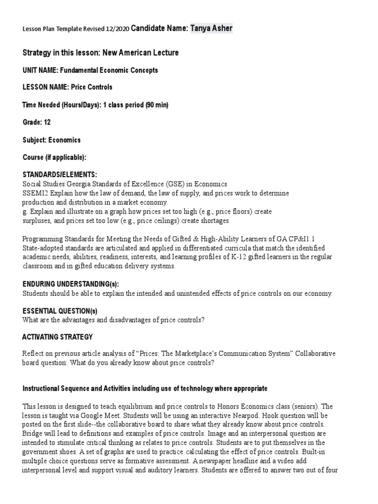 Price Controls Lesson Plan for Economics | PDF | Lesson Plan | Price ...