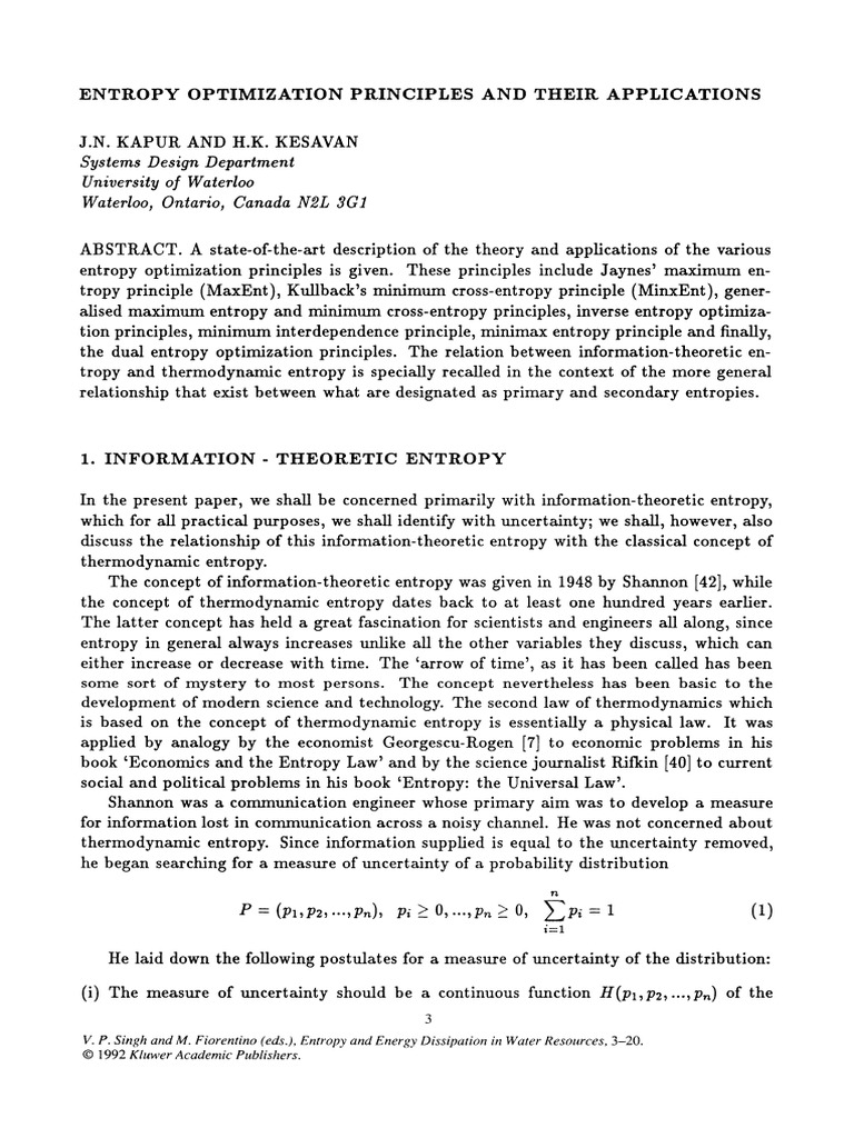 Entropy Optimization Principles and Their Applications | PDF | Normal ...