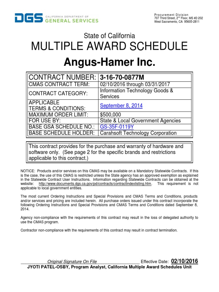 Multiple Award Schedule: Angus-Hamer Inc | PDF