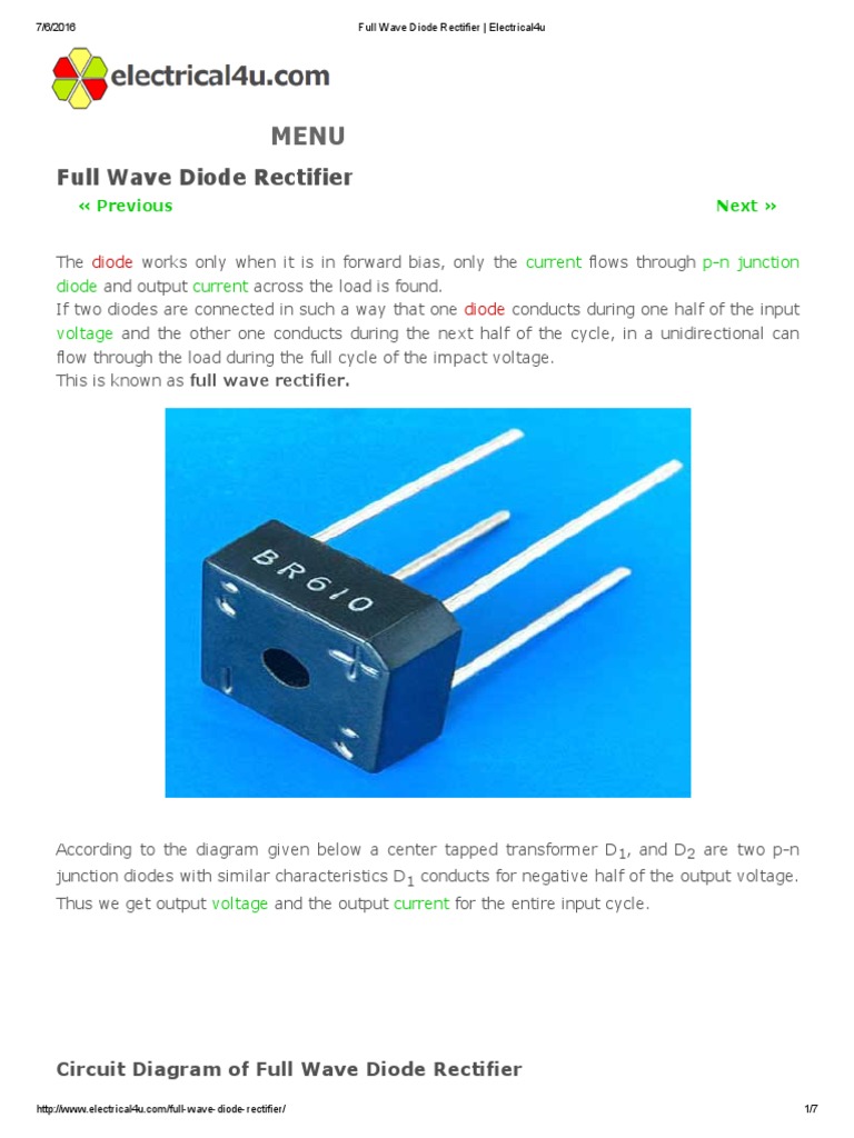 Full Wave Diode Rectifier - Electrical4u | PDF | Diode | Rectifier