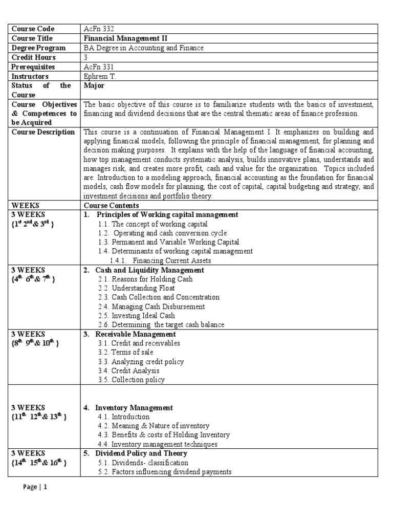 FM-II Course Outline | PDF | Working Capital | Financial Economics