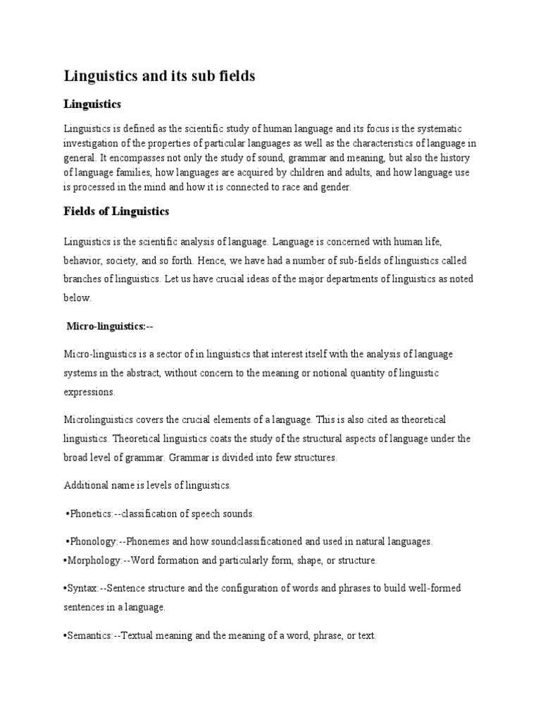 Linguistics and Its Sub Fields | PDF | Linguistics | Semantics