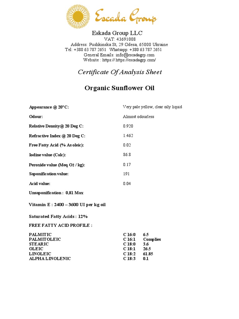 Certificate of Analysis Sheet: Organic Sunflower Oil | PDF | Fatty Acid ...