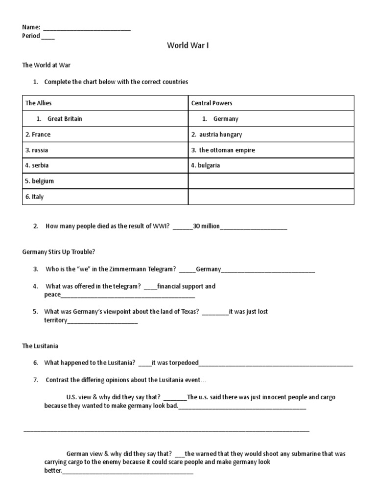 World War 1 Worksheet | PDF | Central Powers | World War I
