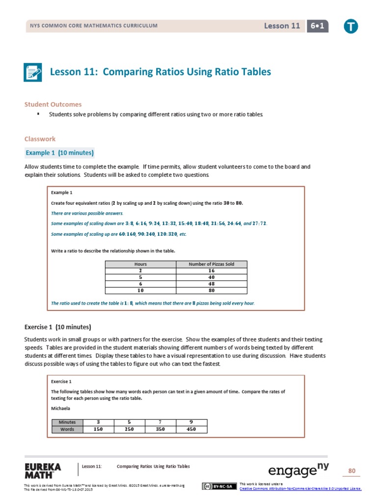 Lesson 11: Comparing Ratios Using Ratio Tables: Student Outcomes | PDF ...
