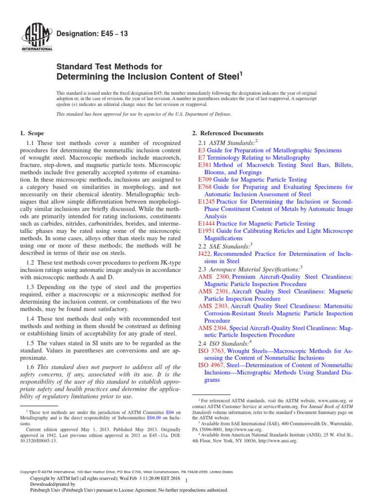 ASTM E45 Inclusions | PDF | Forging | Steel