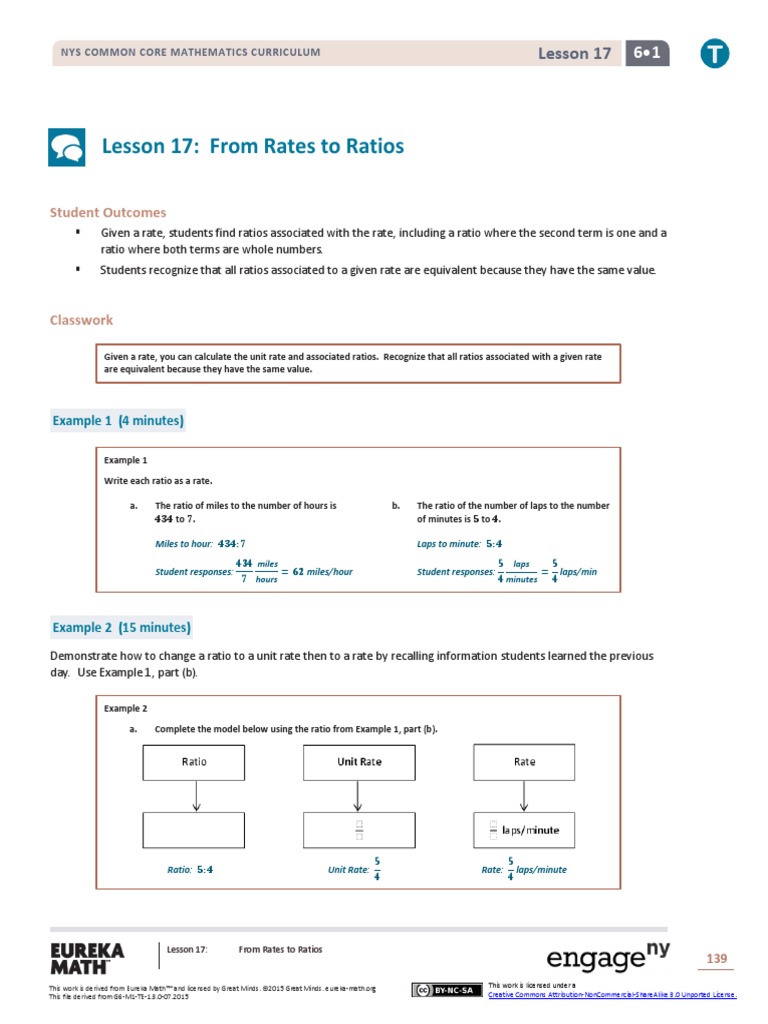Lesson 17: From Rates To Ratios: Student Outcomes | PDF | Ratio ...